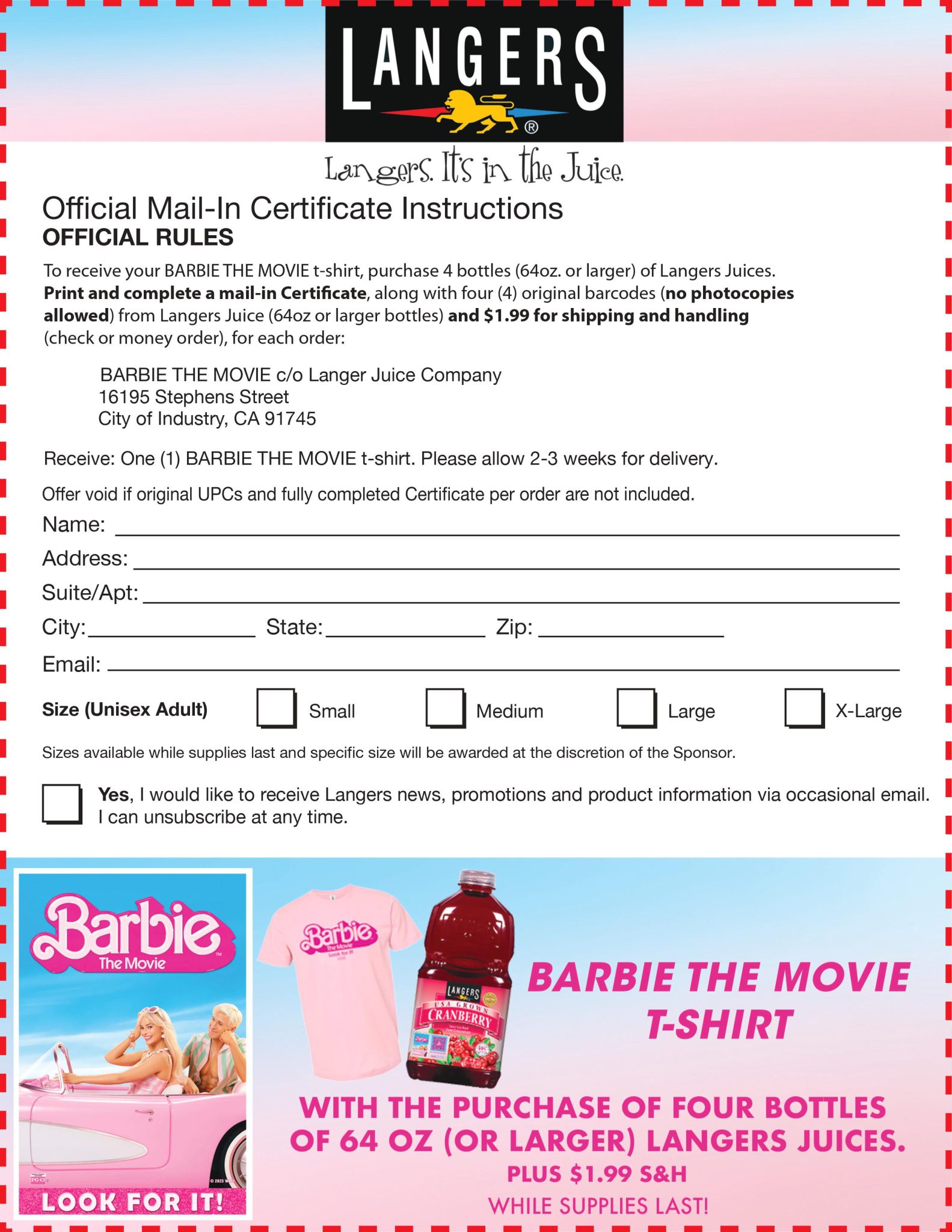 Barbie The Movie T-Shirt Mail-In Certificate – Langers Juice